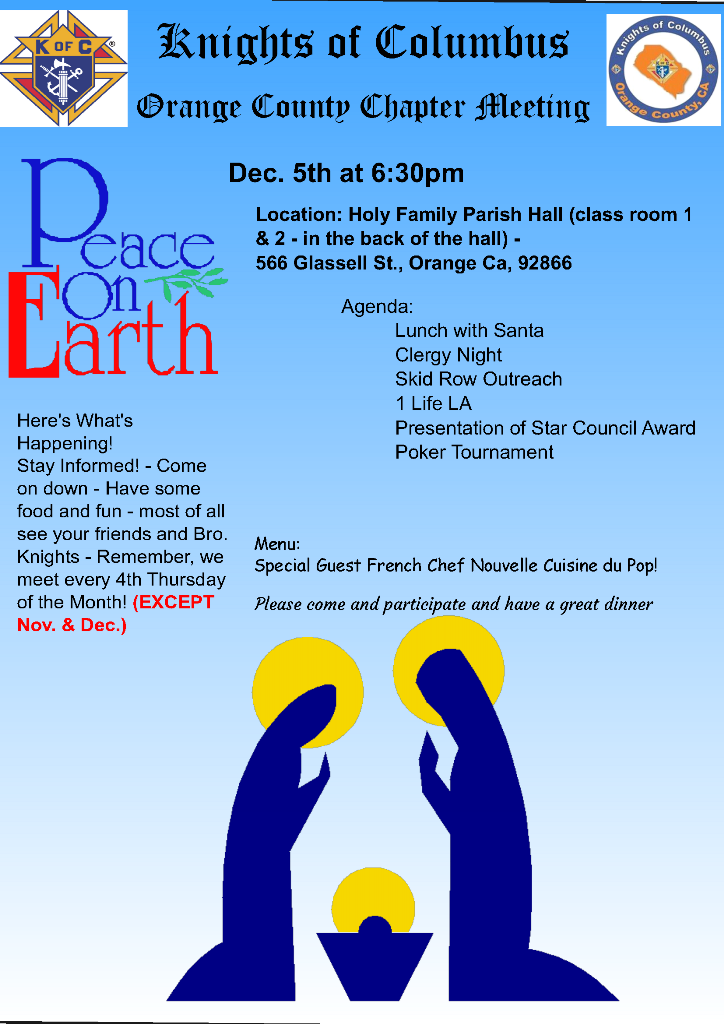 Chapter Meeting Dec 5th - Knights of Columbus Orange County Chapter
