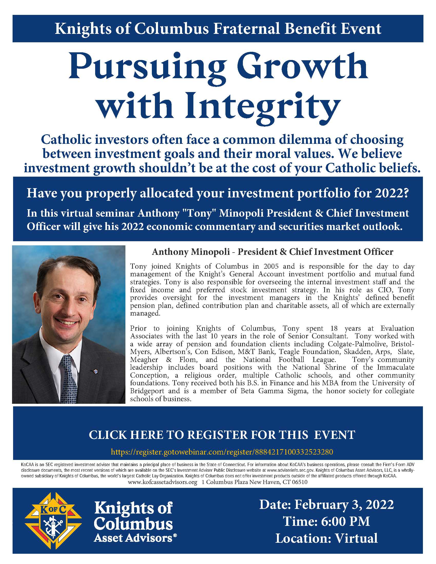 Fraternal Benefit Night Feb 3 - Knights of Columbus Orange County Chapter